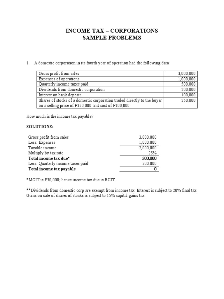 Income Tax - Corporations Sample Problems: Solutions | PDF | Gross ...