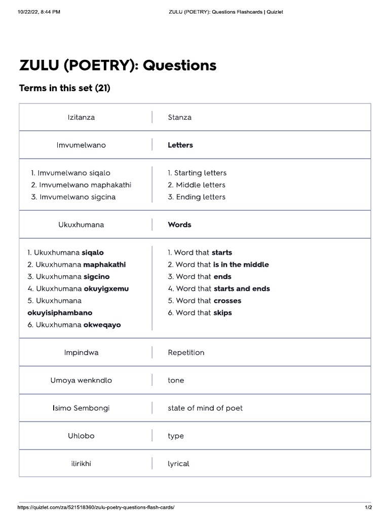 Zulu Poem Questions | PDF