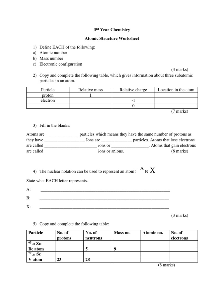 Atomic Structure Worksheet | PDF | Atoms | Ion
