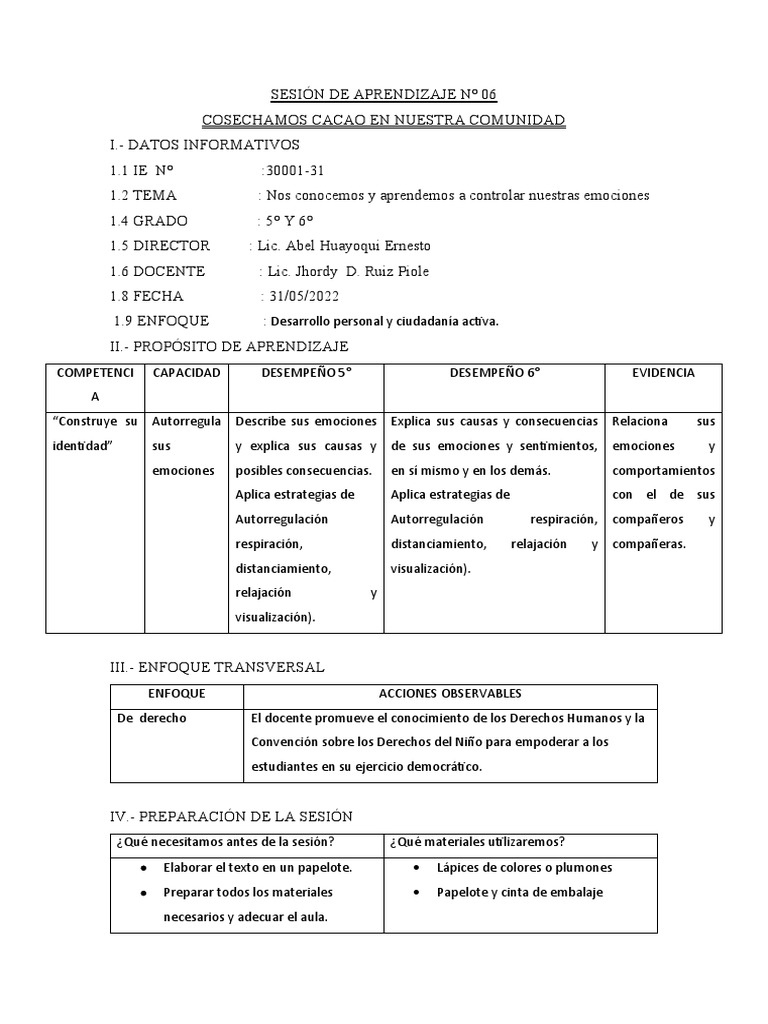Sesión de Aprendizaje 06 | PDF | Aprendizaje | Las emociones