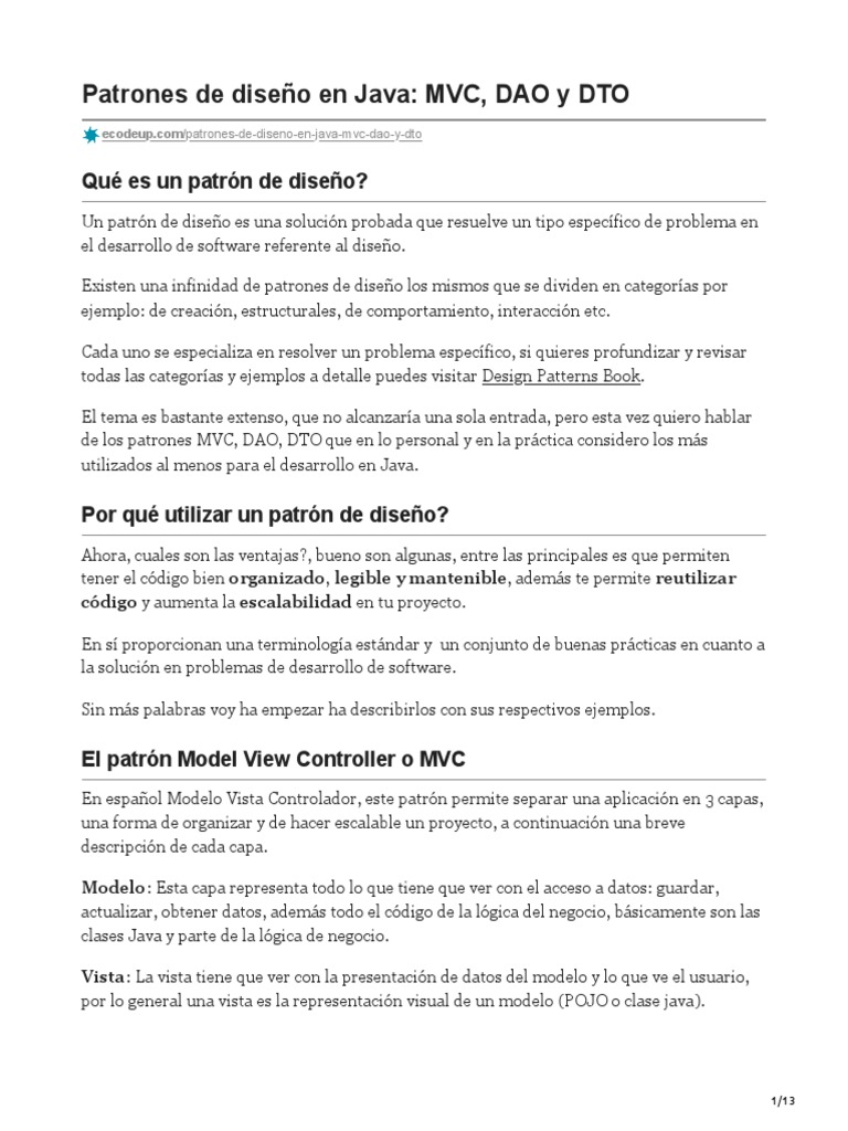 03-Patrones de Diseño en Java MVC DAO y DTO | PDF | Java (lenguaje de programación) | Modelo ...