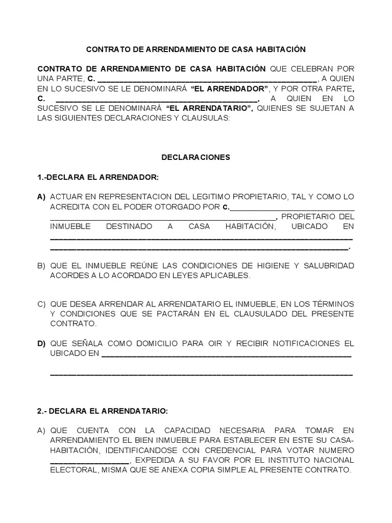Contrato Arrendamiento Casa Habitación Machote | PDF | Derecho ...