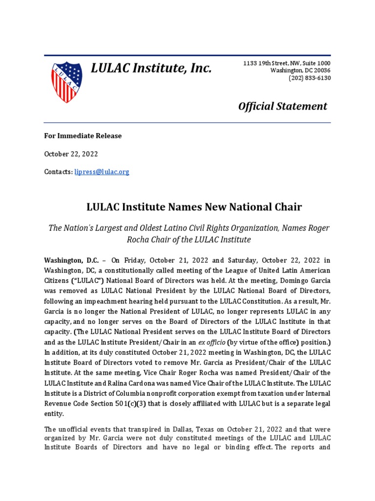 LULAC Institute Appoints New Chair | PDF | Board Of Directors | Washington