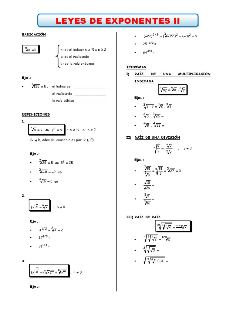 Leyes de Exponentes y Radicación | PDF | Matemática Elemental
