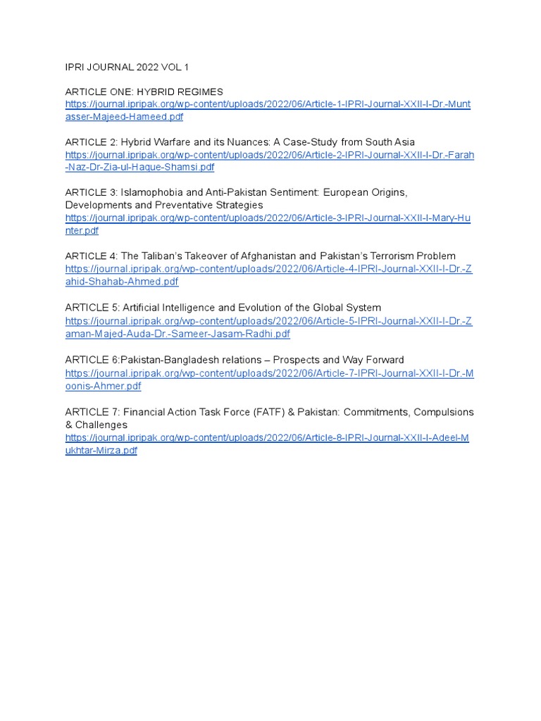 Ipri Journal 2022 Vol 1 | PDF | Politics