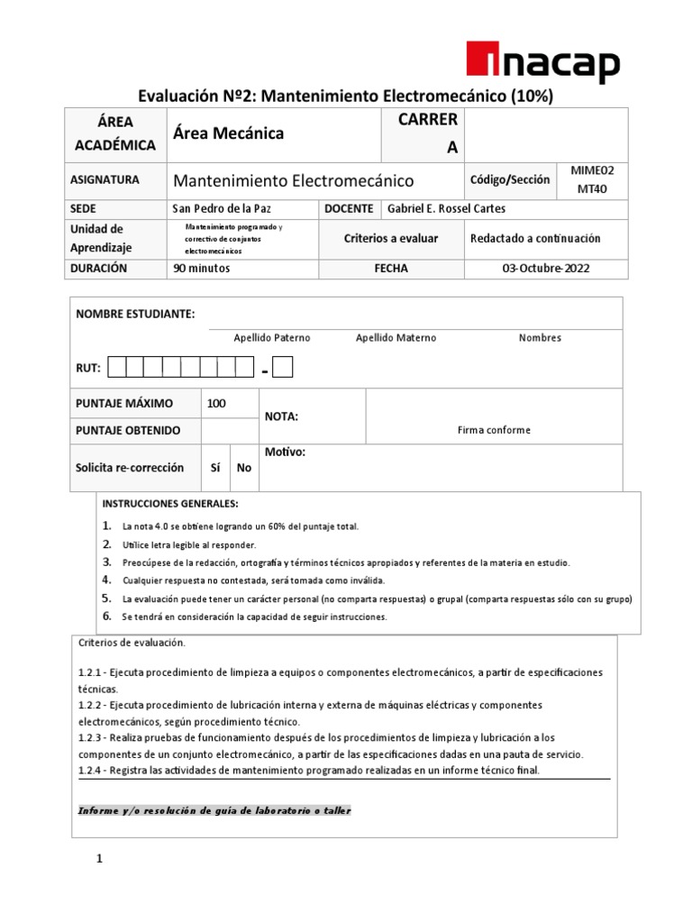 EVA2 Mantenimiento Electromecanico | PDF