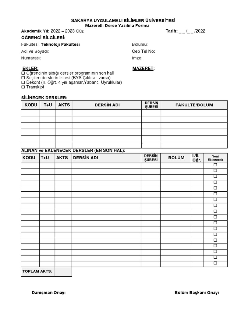 Mazeretli Derse Yazılma Formu | PDF
