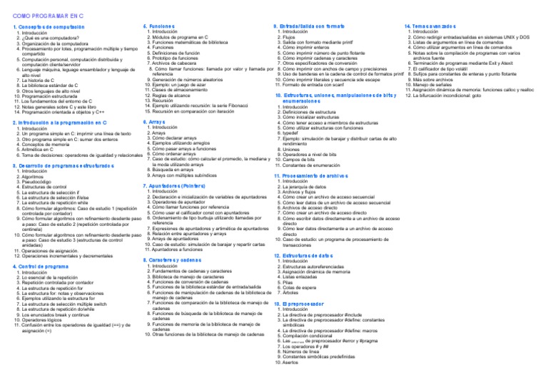 Temario Como Programar en C (Deitel) | PDF | Lenguaje de programación ...