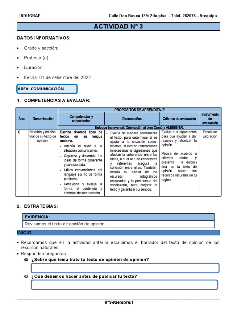 6° Grado - Actividad Del 01 de Setiembre | PDF