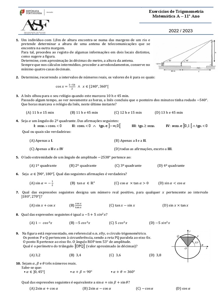 Exercícios De Trigonometria Resolução De Problemas Envolvendo Relações