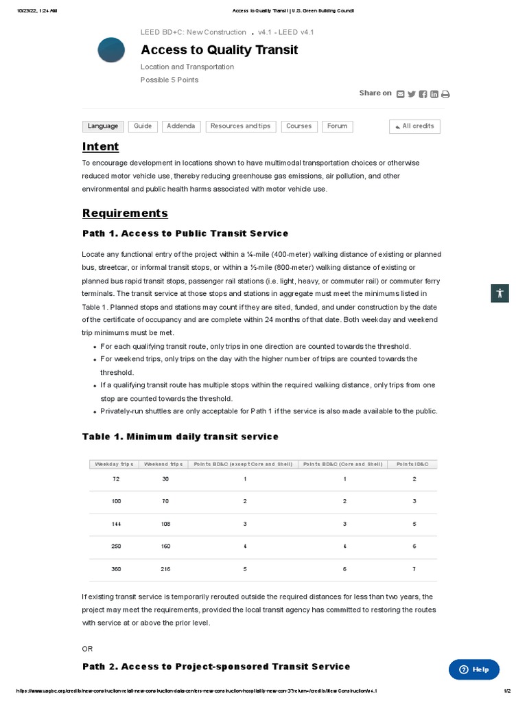 Access To Quality Transit - U.S. Green Building Council | PDF