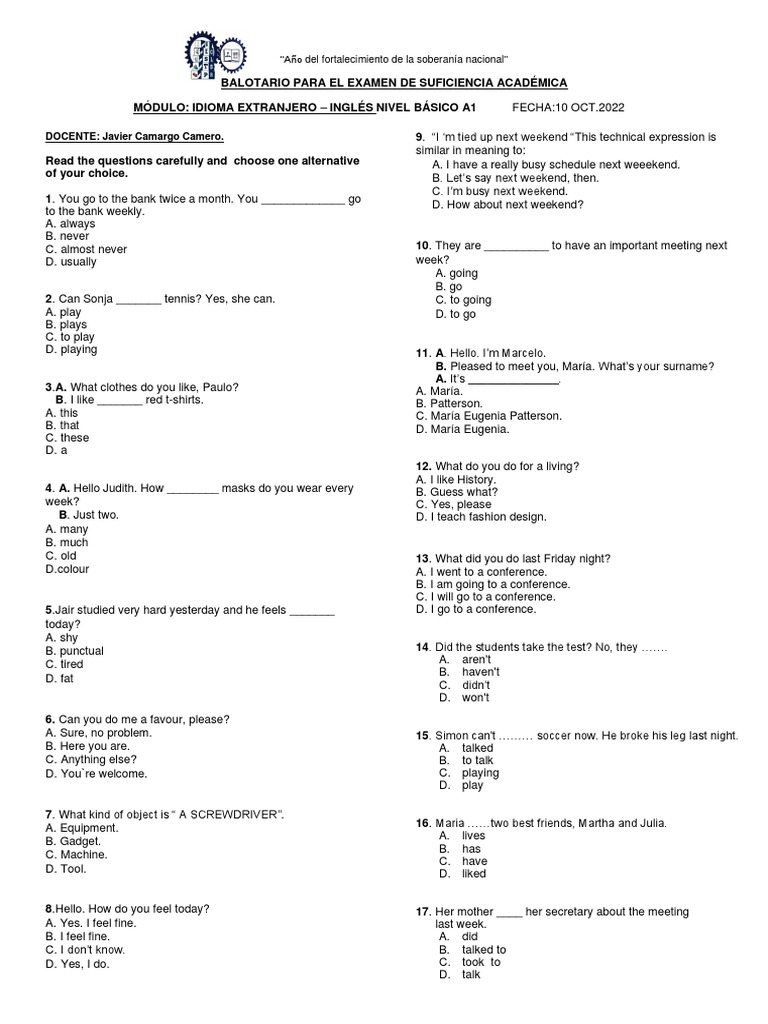 Basic English Exam Questions A1 | PDF | Rain