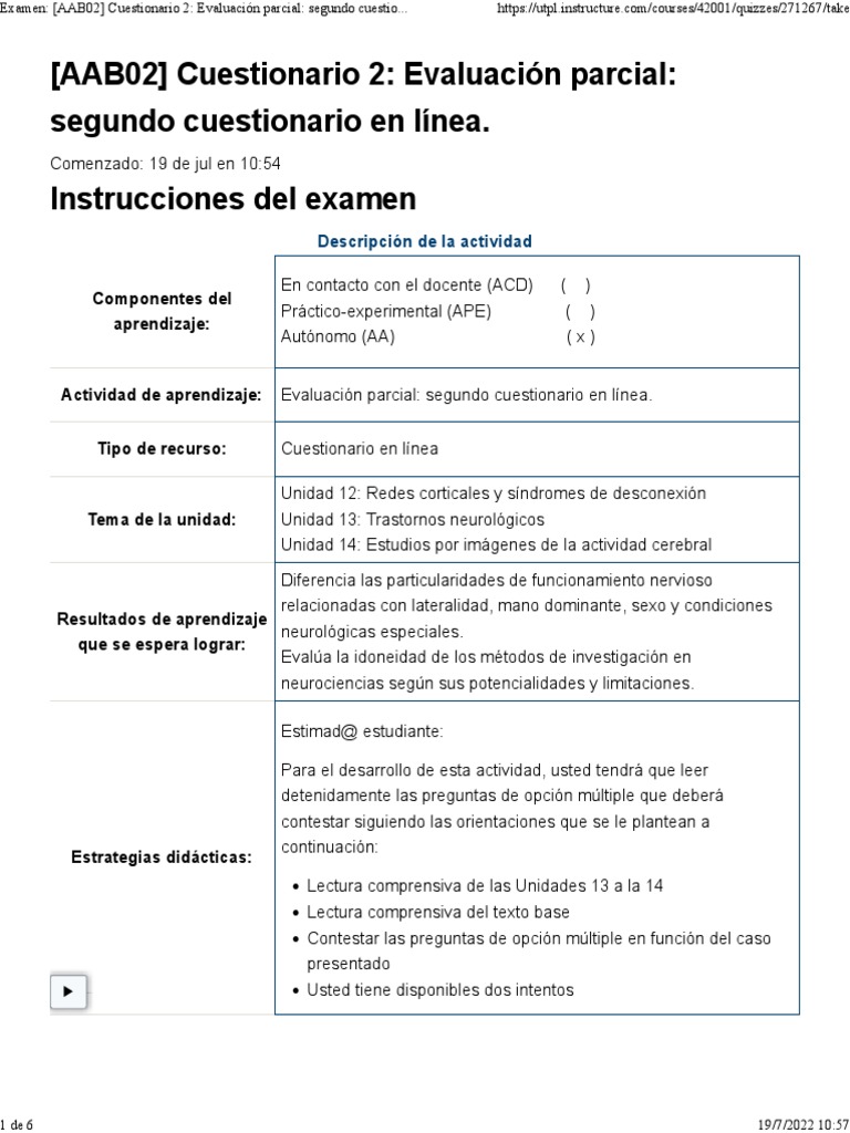Examen (AAB02) Cuestionario 2 Evaluación Parcial Segundo Cuestionario en Línea. | PDF ...