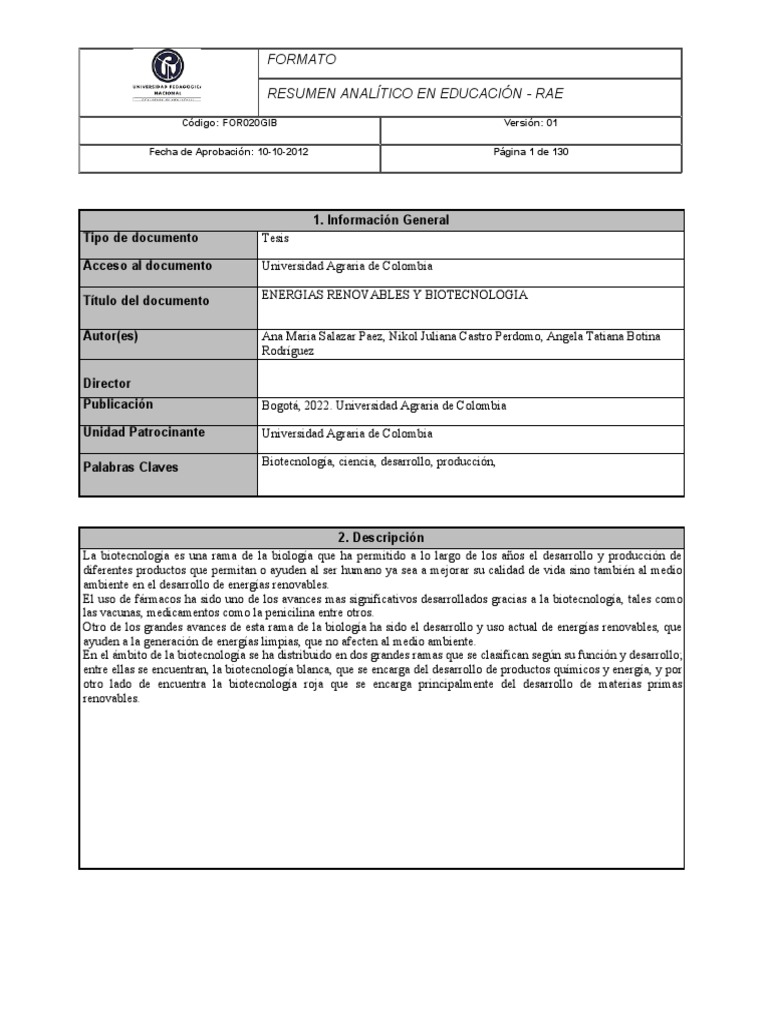 Formato Rae 1 | PDF | Método de enseñanza | Biotecnología
