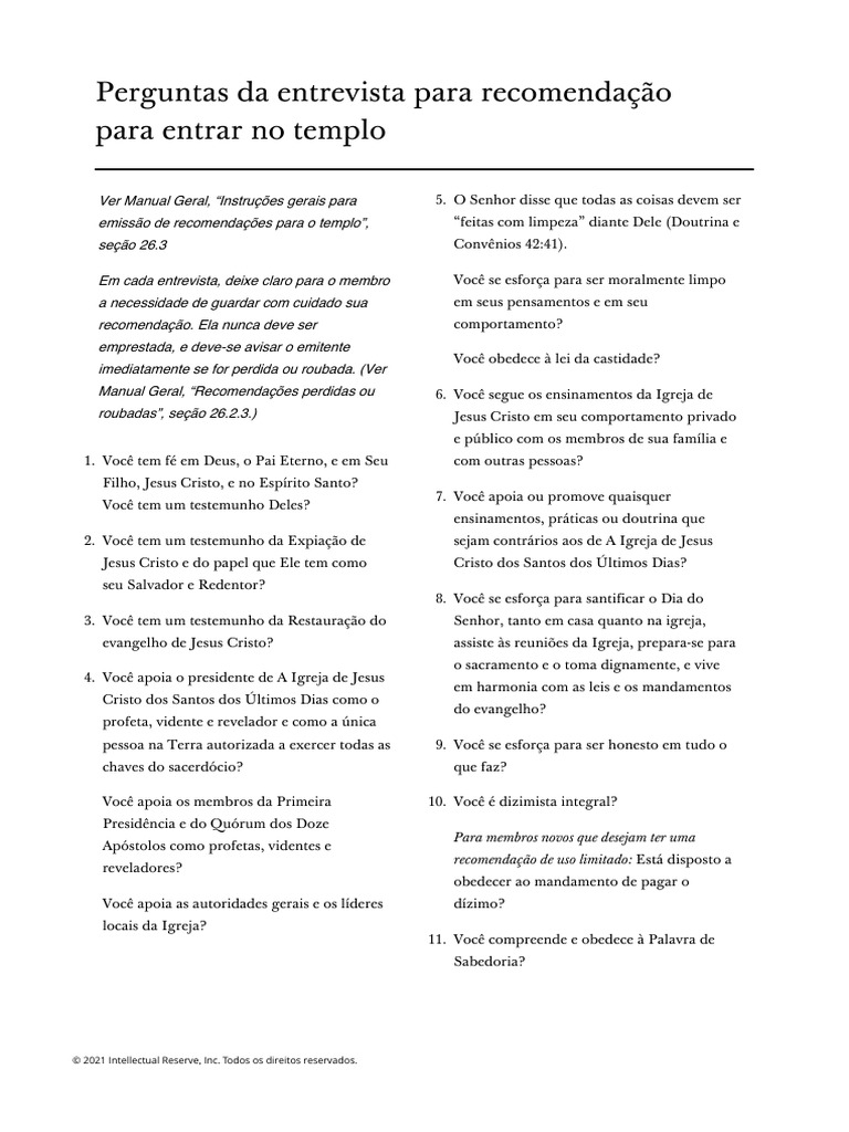 Perguntas Ent. Rec. P. Templo | PDF | Jesus | Igreja católica Perguntas Ent. Rec. P. Templo | PDF | Jesus | Igreja católica