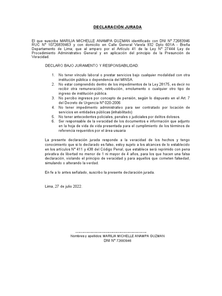 Declaración Jurada | PDF | Derecho
