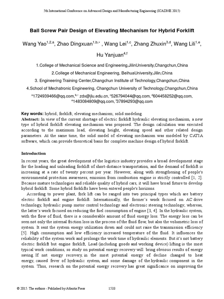 Ball Screw Pair Design of Elevating Mechanism For Hybrid Forklift | PDF ...