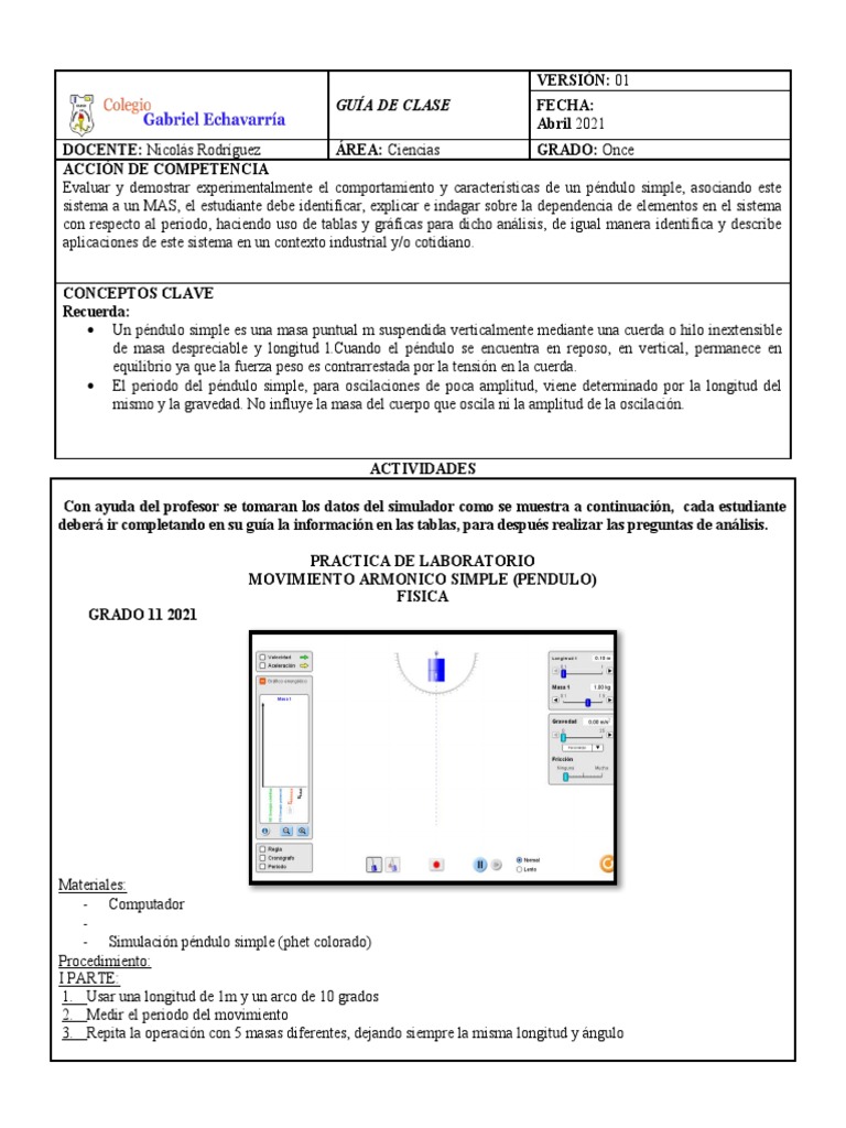 GUÍA DE CLASE Lab Pendulo 11 | PDF | Péndulo | Mecánica