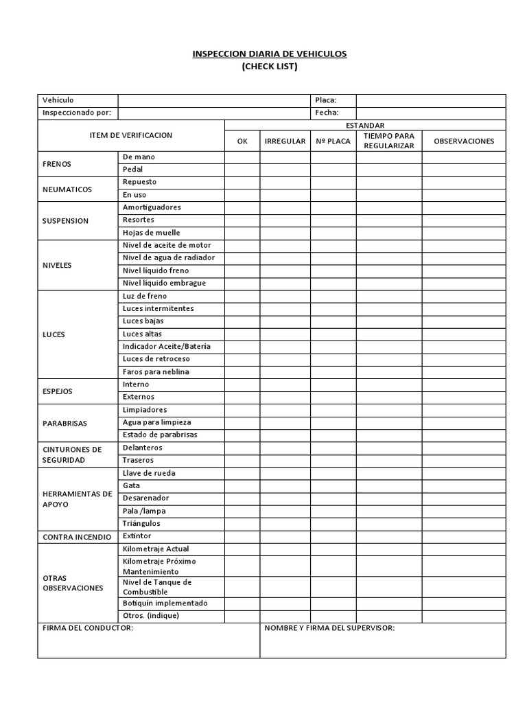 Check List Inspeccion de Vehiculos | PDF | Agua | Vehículos