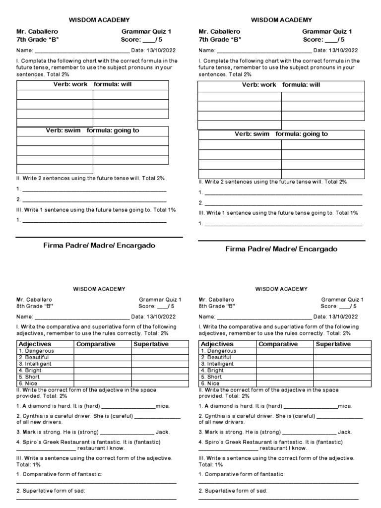 Wisdom Academy Grammar Quiz 1 | PDF | Preposition And Postposition ...