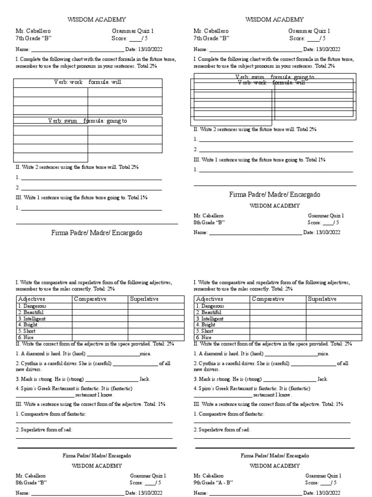 Wisdom Academy Grammar Quiz 1 | PDF | Preposition And Postposition ...