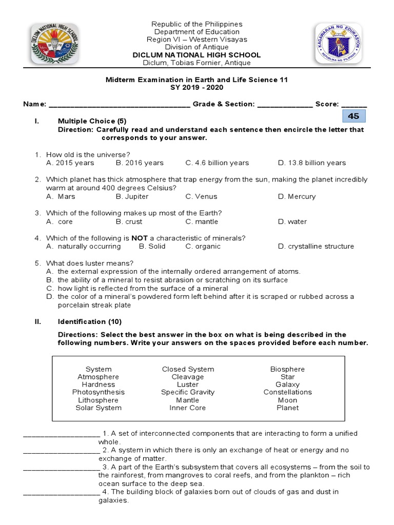 Midterm Exam Earth and Life Science 11 | PDF | Earth | Minerals