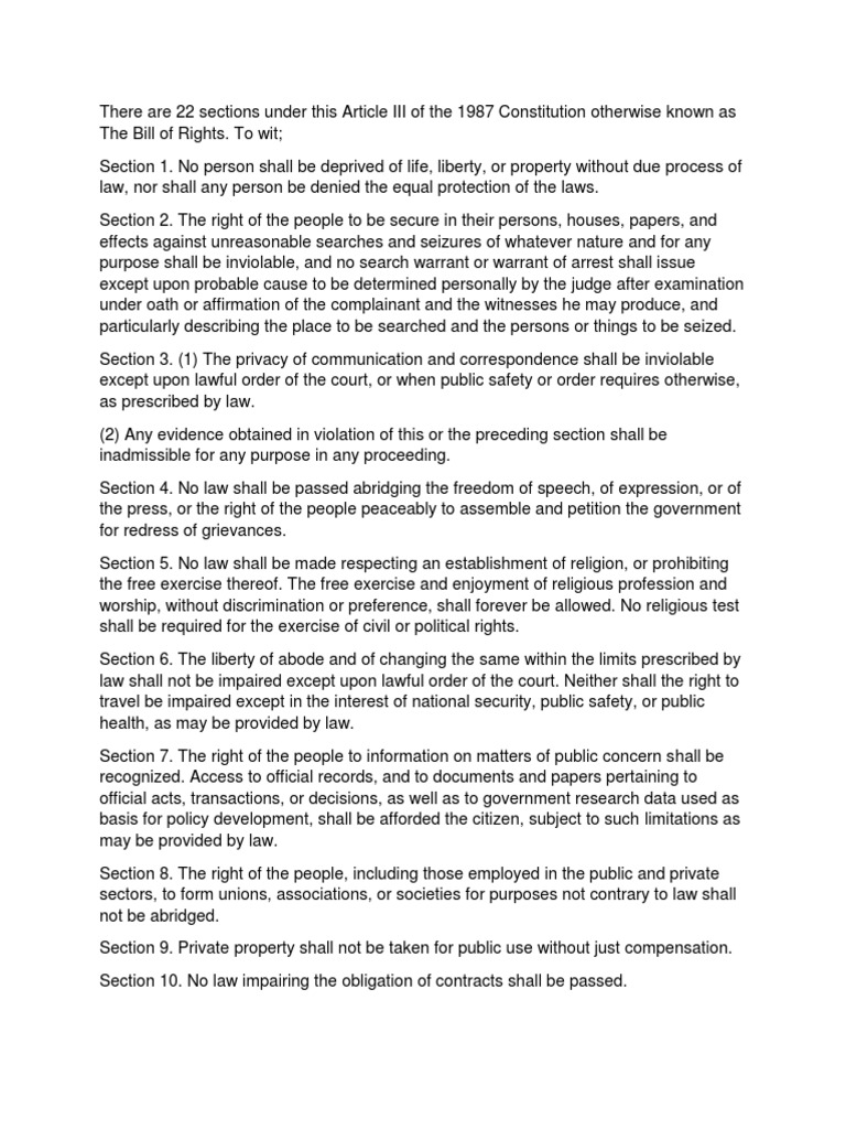 BILL OF RIGHTS ARTICLE III Section 1-22 | PDF | Search And Seizure | Crimes