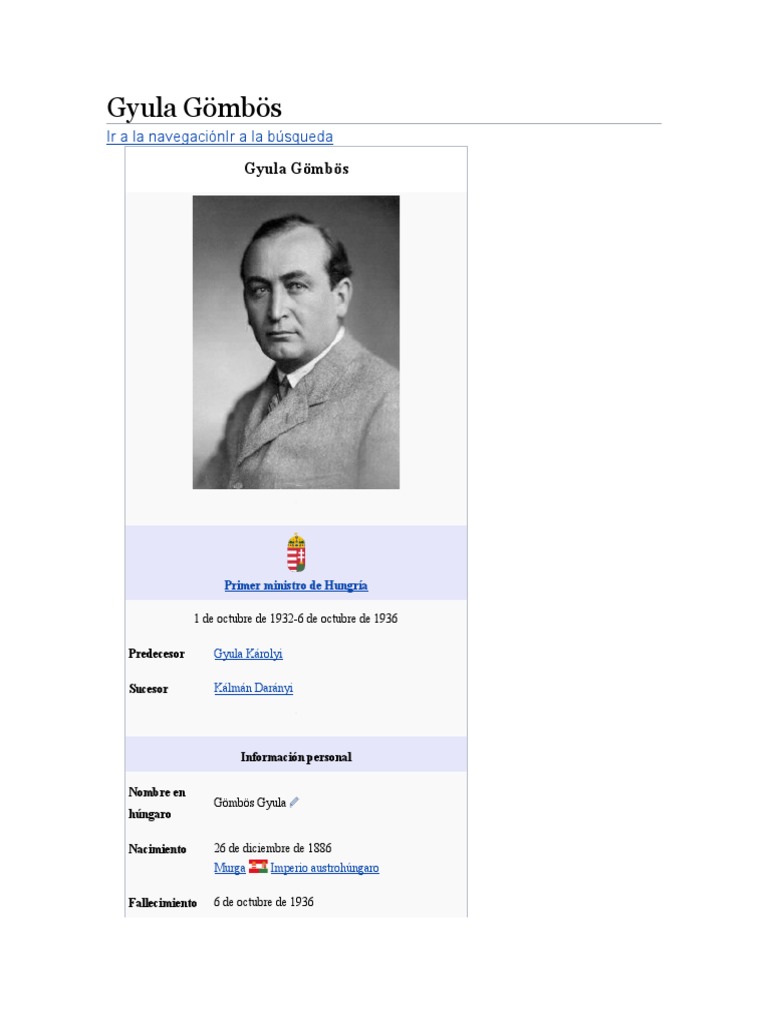 Gyula Gömbös: Primer Ministro Húngaro | PDF