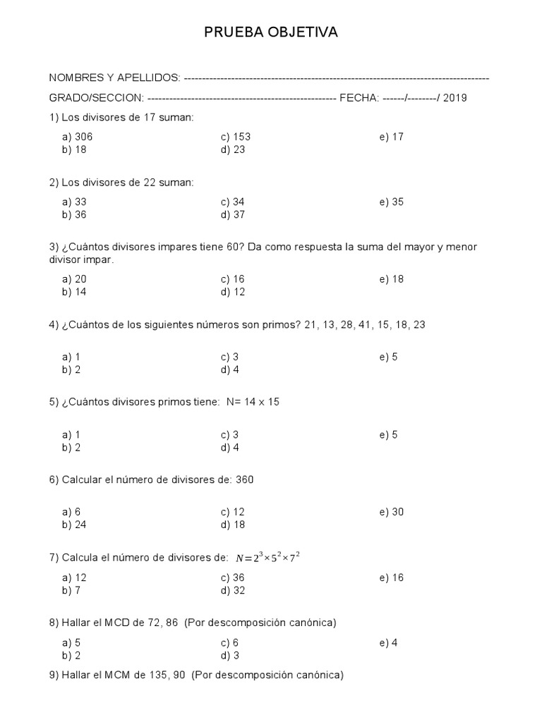 PRUEBA1° | PDF | Matemática Elemental | Teoría de los números