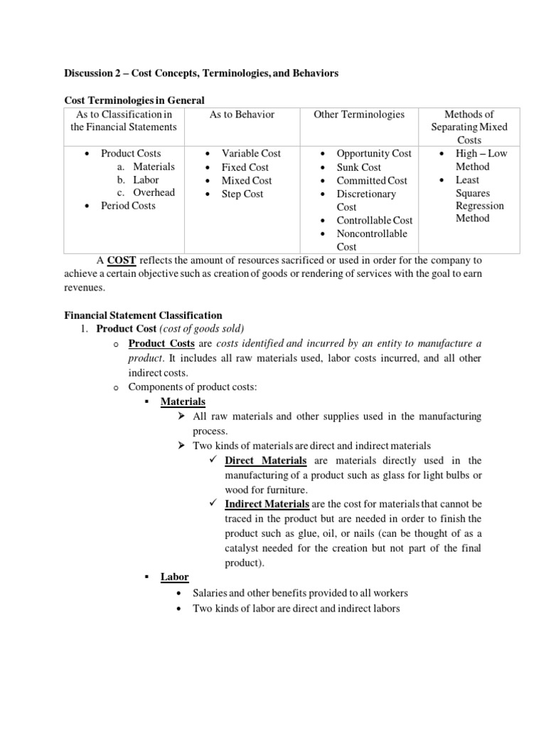Discussion 2 Cost Concepts Terminologies and Behaviors 1 | PDF | Cost | Production And Manufacturing