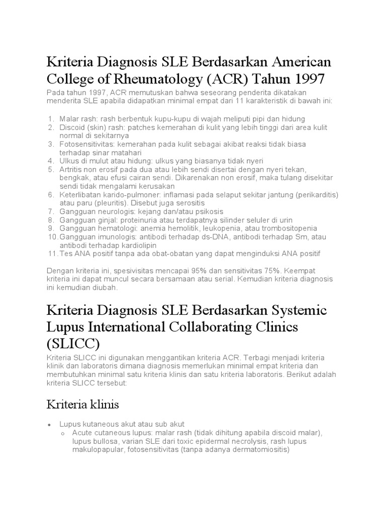 Kriteria Diagnosis SLE ACR 1997 dan SLICC | PDF