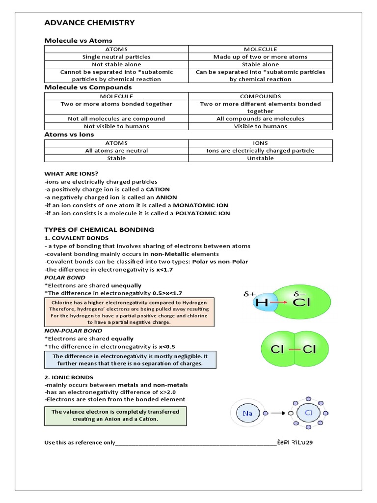 Advance Chemistry Reviewer | PDF | Ion | Chemical Bond