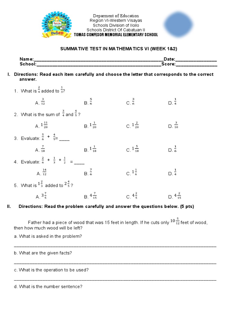 Summative Tests for Grade VI Students | PDF | Sales | Prices