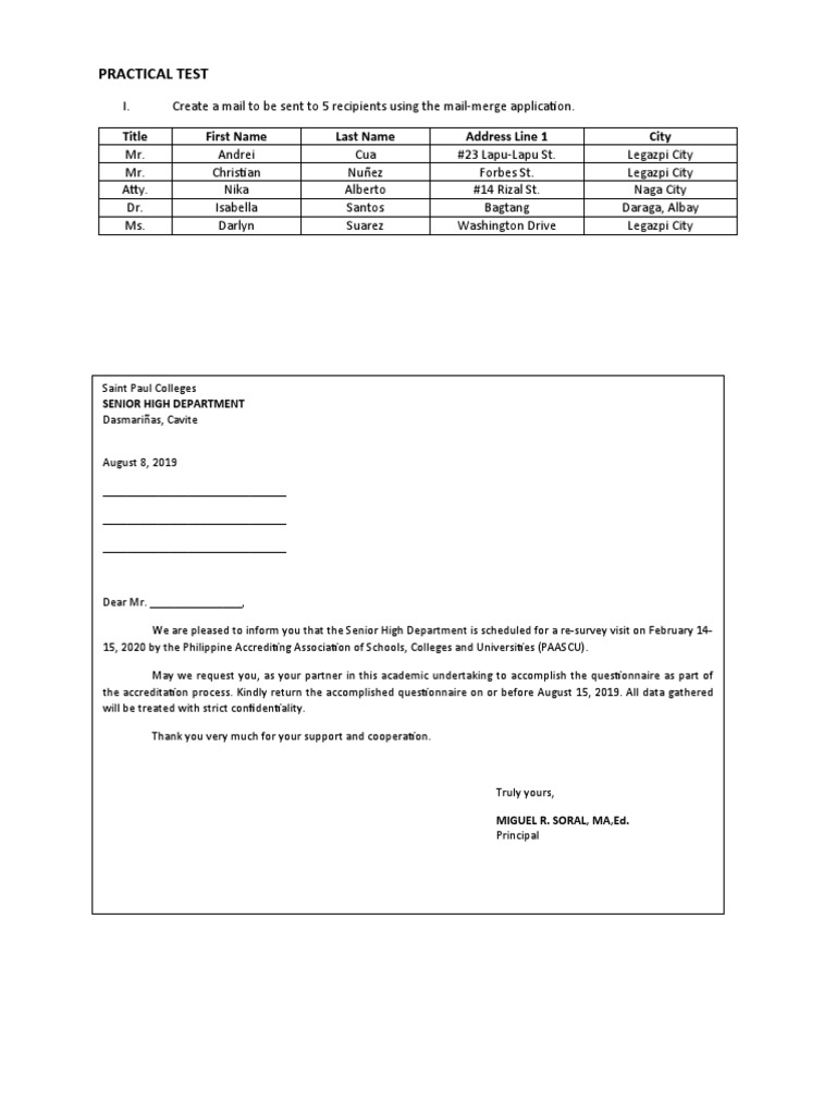Practical Test - Mail Merge | PDF