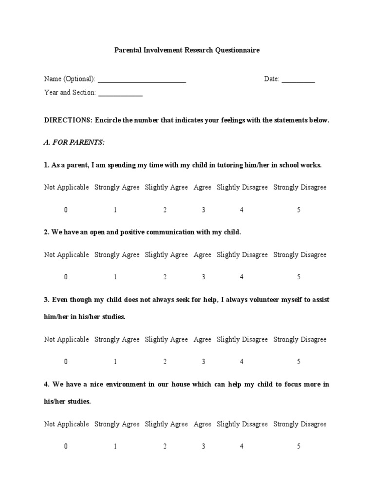 Parental Involvement Research Questionnaire | PDF