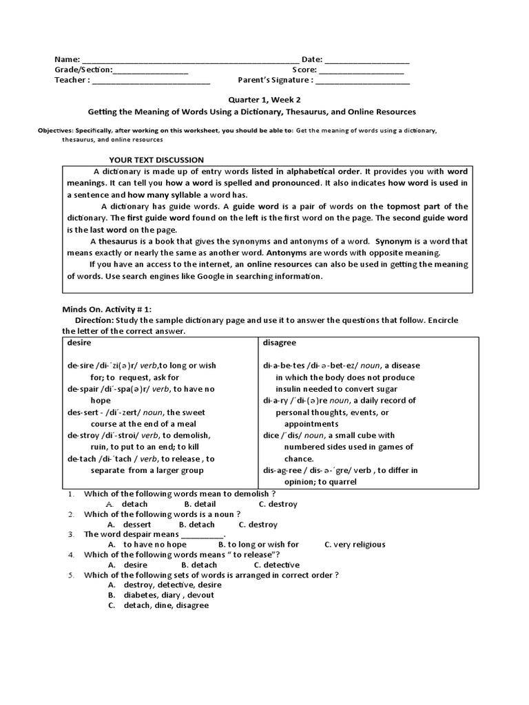 Word Meaning Skills Worksheet | PDF | Word | Dictionary