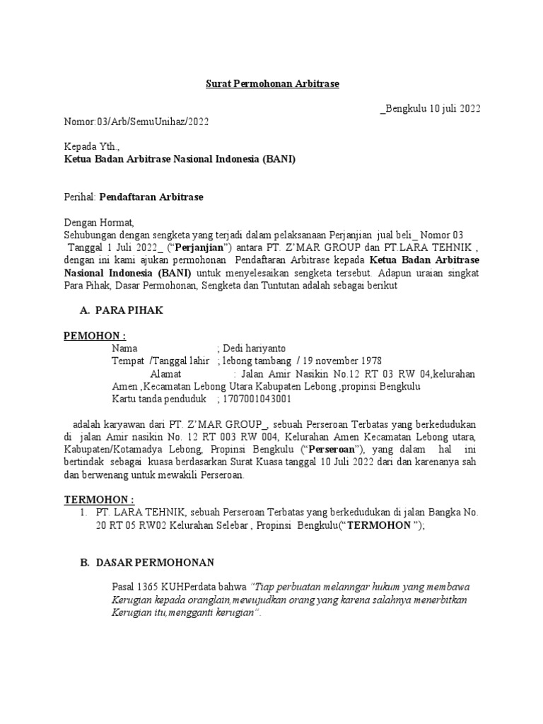 Surat Permohonan Arbitrase | PDF