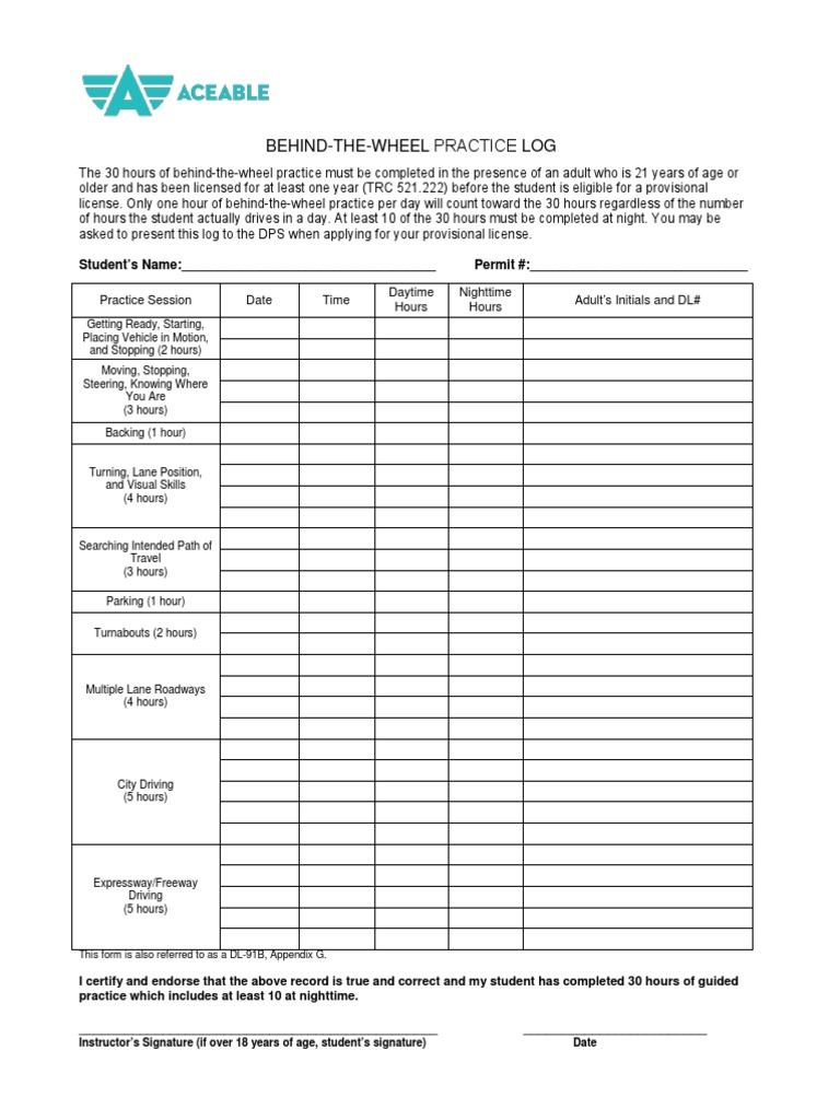 Aceable BTW Practice Log | PDF
