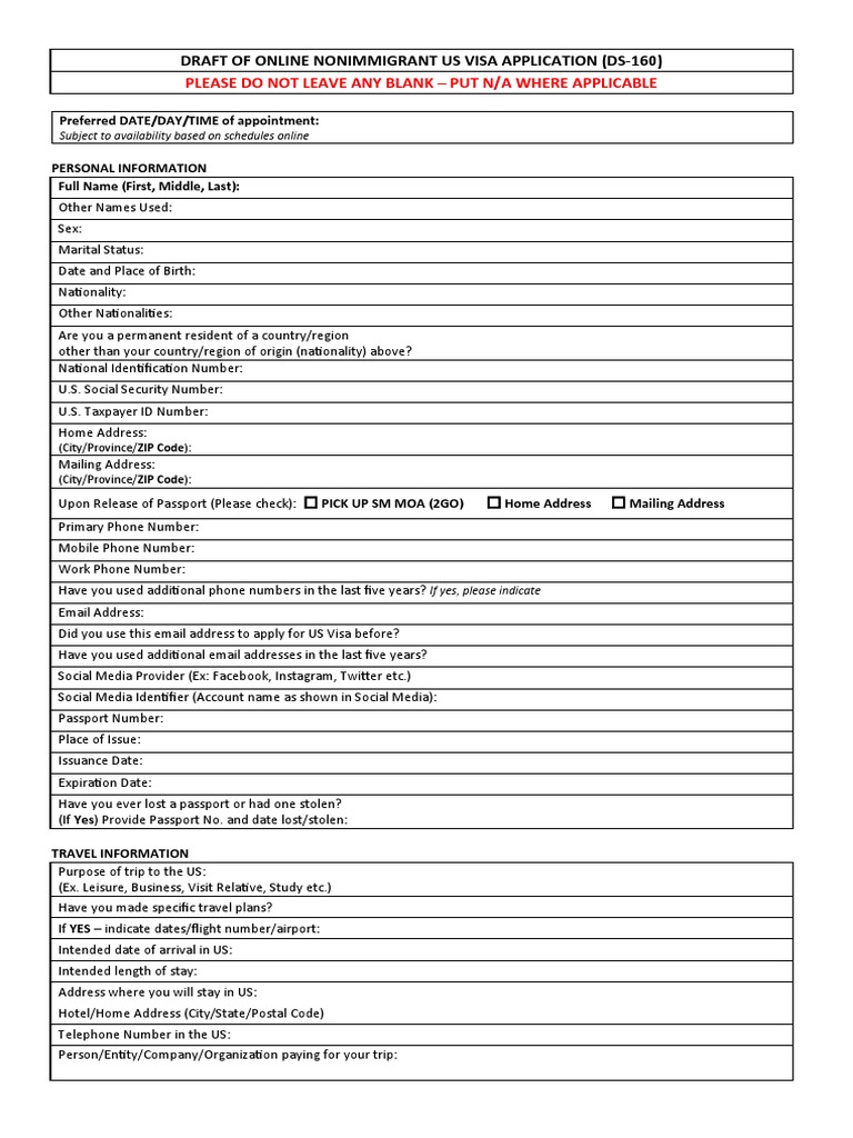 Draft of Online Us Nonimmigrant Visa Form | Download Free PDF | Travel ...