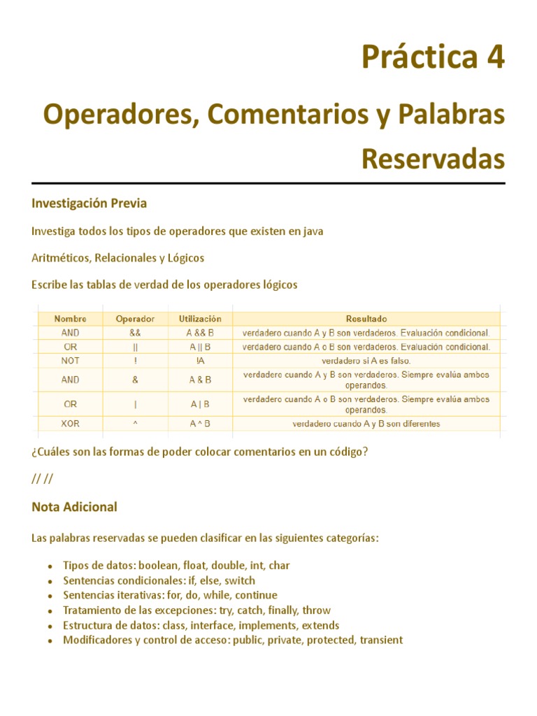 Operadores y Palabras Reservadas en Java | PDF | Java (lenguaje de programación) | Informática