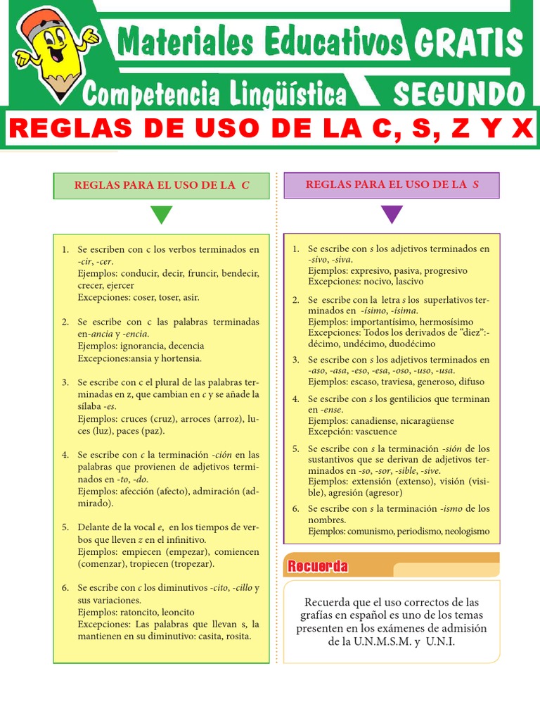 Reglas de Uso de La C S Z y X para Segundo Grado de Secundaria | PDF ...