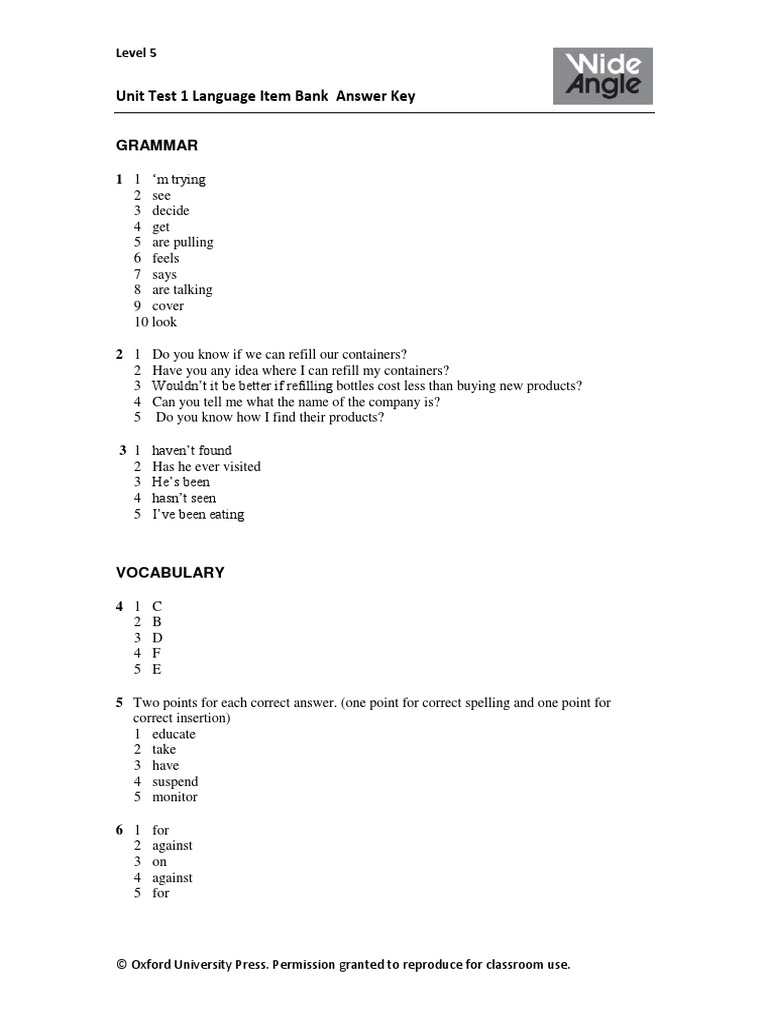 WA 05 Unit Test 01 Item Bank Answer Key | PDF