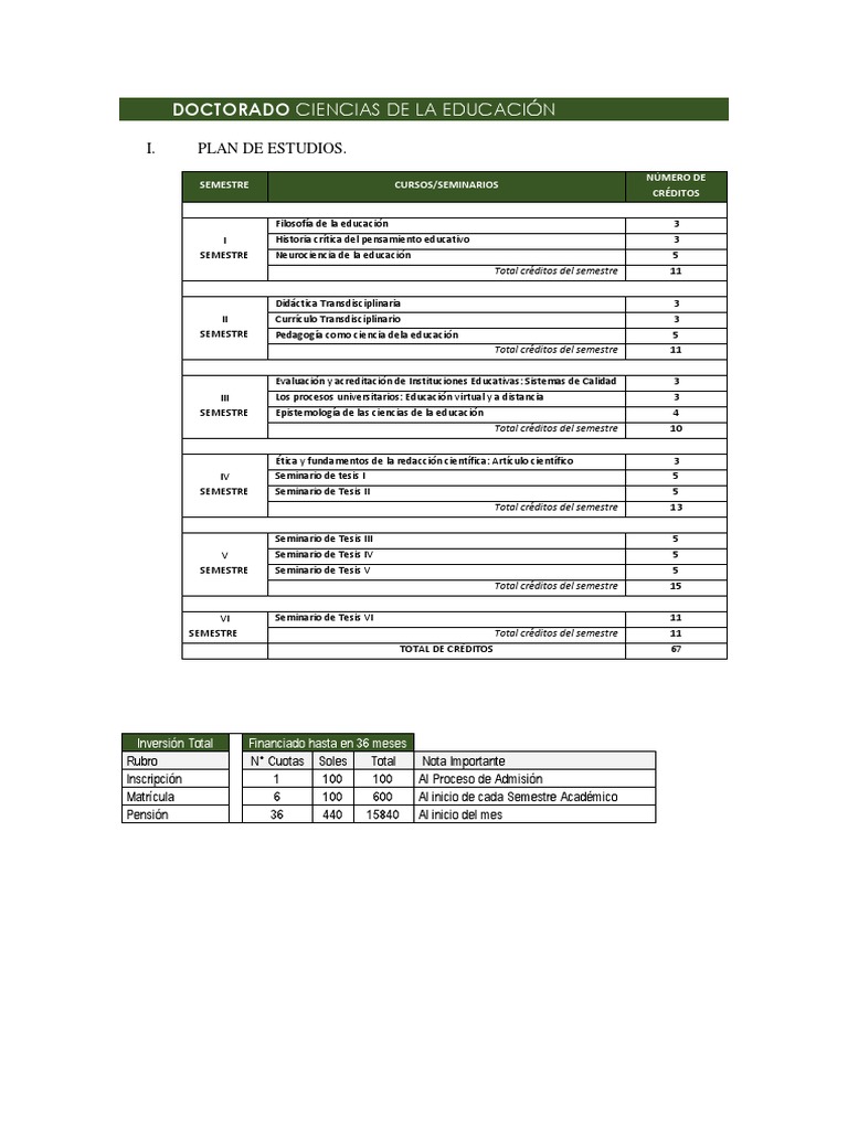 Doctorado Ciencias de La Educación: I. Plan de Estudios | PDF | Teoría de la educación | Aprendizaje