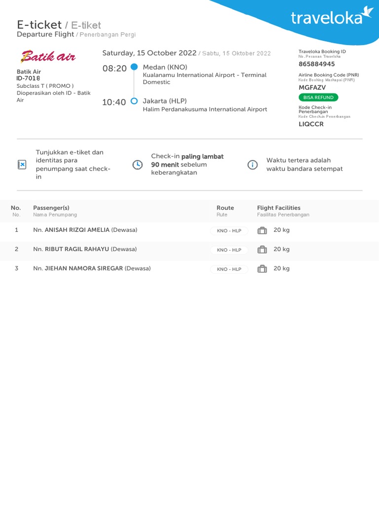 E-Tiket Batik Air: Info & Panduan | PDF