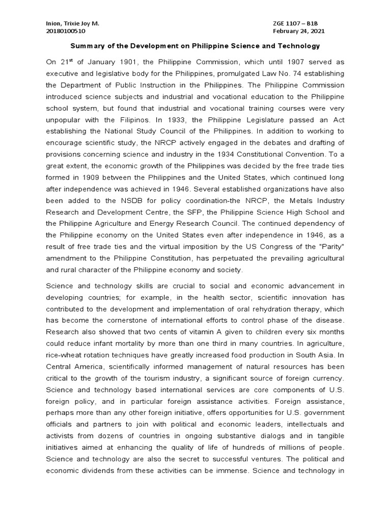 Summary of The Development On Philippine Science and Technology | PDF ...
