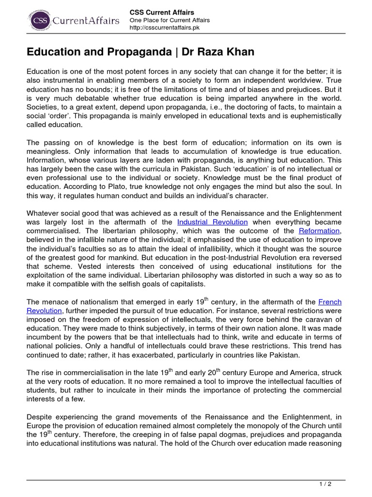Education and Propaganda DR Raza Khan | PDF | Knowledge | Age Of ...
