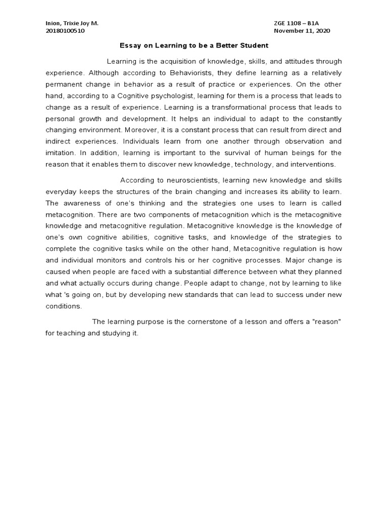 Essay On Learning To Be A Better Student | PDF