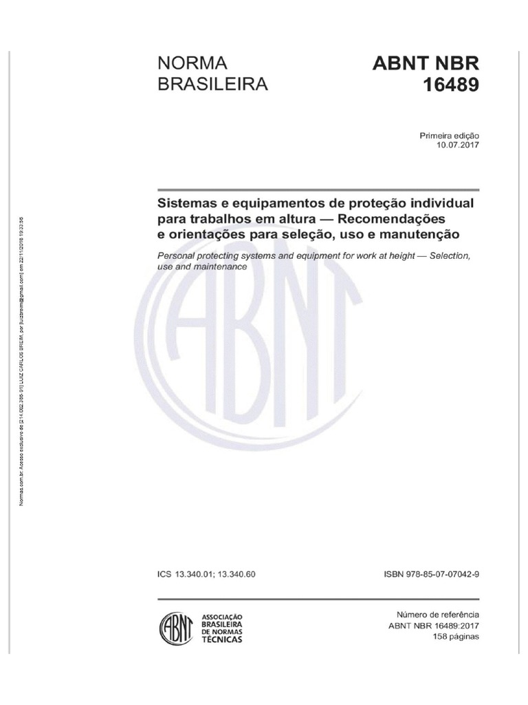 NBR 16489 2017 Sistema de Equipamento de Protecao Trabalho em Altura | PDF