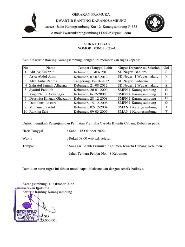 Surat Tugas Pramuka Garuda | PDF