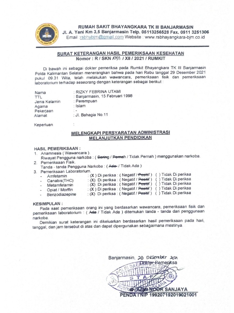 Surat Keterangan Bebas Narkoba | PDF